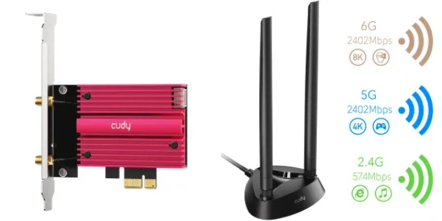 Cudy WE4000 AX5400 Wi-Fi 6/6E Bluetooth 5.2 PCIe Adapter, Tri-Band 2,4G/5G/6G, 2x5dBi Antenna