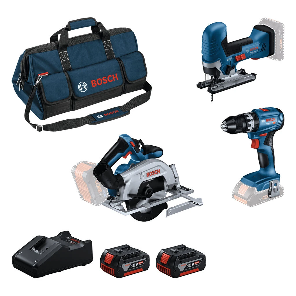 Bosch Set aku alata Bušilica-odvrtač GSB 18V, Kružna testera GKS 18V i Ubodna testera GST 18V, 2×4.0Ah akumulatora, Punjač GAL 18V-40, L-BOXX 136