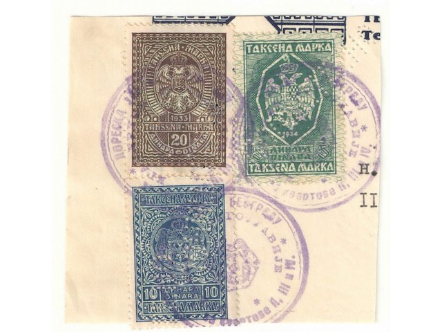 Lot taksenih maraka 1934 5, 10 i 20 din na isečku