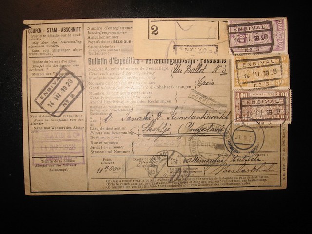 Ensival-Keln-Bec-BGcarin-Skoplje Paket otpremnica 1928