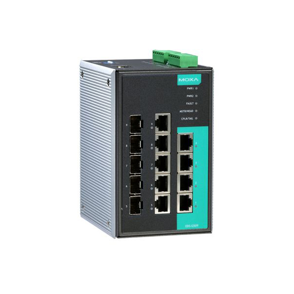 Moxa EDS-G509 9-portni upravljivi gigabitni industrijski svič, 4 x 10/100/1000 BaseT(X) + 5 x Combo Port (10/100/1000BaseT(X) ili 100/1000BaseSFP slot)