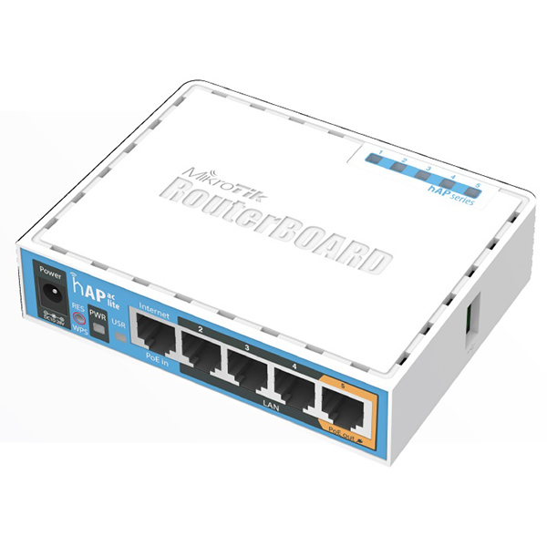 MikroTik hAP ac lite RB952Ui-5ac2nD WiFi AC750Mb/s High Power 200mW dual band 2.4 & 5GHz 802.11ac/a/b/g/n VPN ruter sa 5 x LAN / WAN port, PoE in & out, USB port za LTE modeme, CPU 650MHz, 64MB RA...