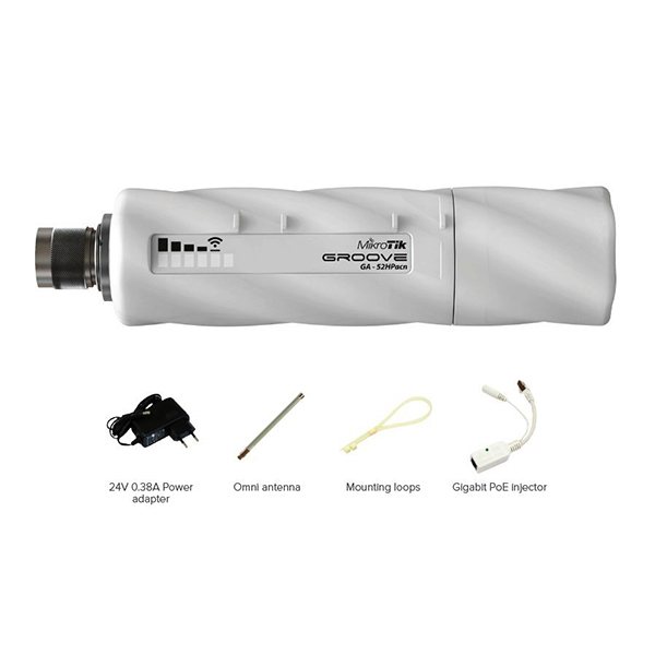 MikroTik GrooveGA-52HPacn outdoor mini 802.11n/ac wireless ruter dual band 2.4 / 5GHz high power 400mW (26dBm), N konektor + Gigabit LAN, TDMA, CPU 720MHz, 64MB RAM, omni antena 6-8dBi + PoE injec...