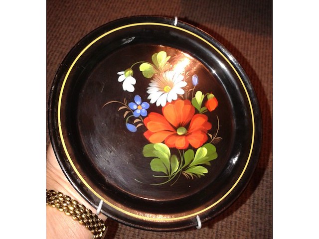 Vintage Russian ručno slikan cvetni tanjir metal