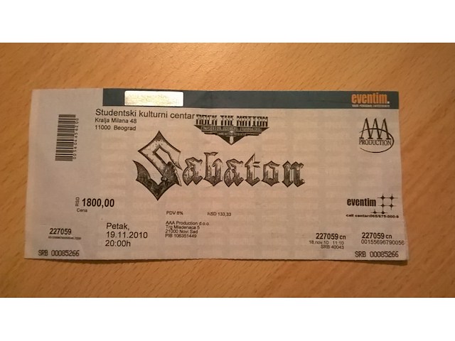 Ulaznica SABATON 19.11.2010.