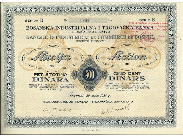 beograd akcija bosanska ind. i trdovacka banka 1934