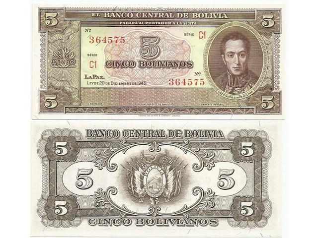 Bolivia 5 bolivianos 1945. UNC