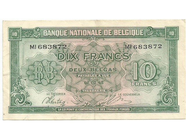 Belgija 10 franaka 1943.