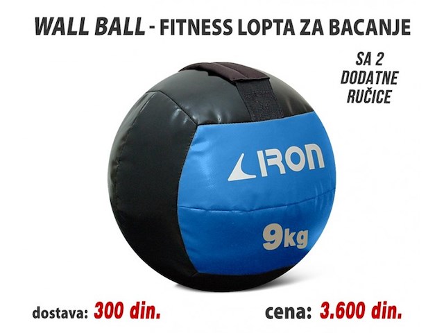 Wall Ball - Fitnes lopta za bacanje 9kg sa 2 ručice