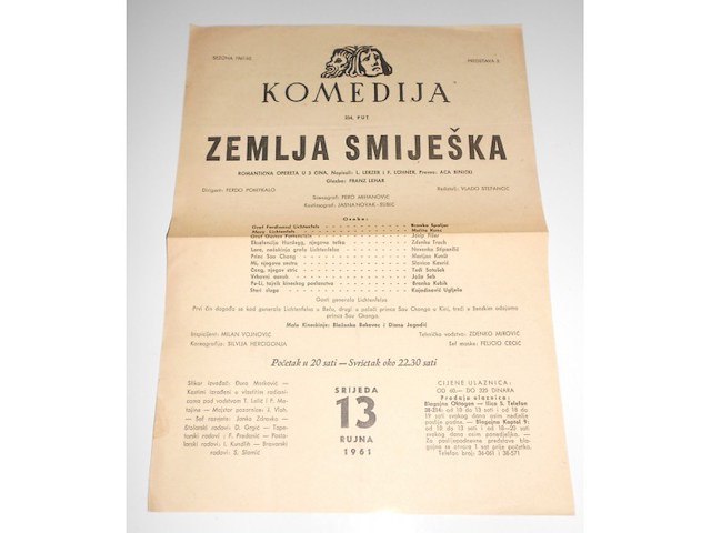 Komedija Zemlja smiješka - Zagreb, 1961, flajer