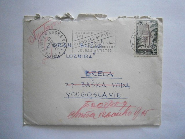 KOVERAT SA PISMOM:PARIZ-BEOGRAD; 1961. PROADRESIRAN