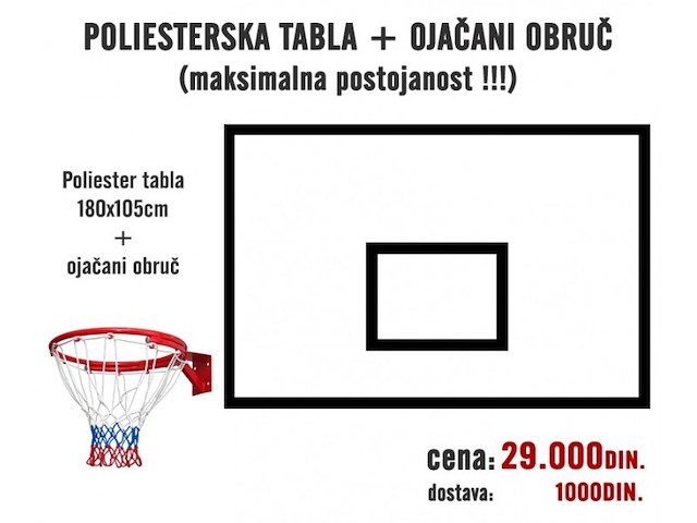 Poliesterska Košarkaška Tabla 180x105cm + Ojačani obruč