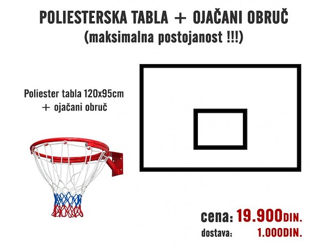 Poliesterska Košarkaška Tabla 120x80cm + Ojačani obruč