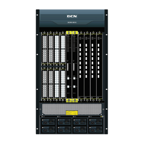 DCN svič DCRS-9816 modularna šasija, kapacitet 1536Gbps/1143Mpps, 2 slota za management module (1+1 modovi), 16 slotova za svič module, 8 slotova za napajanja (1 modul napajanja 600W ugrađen)