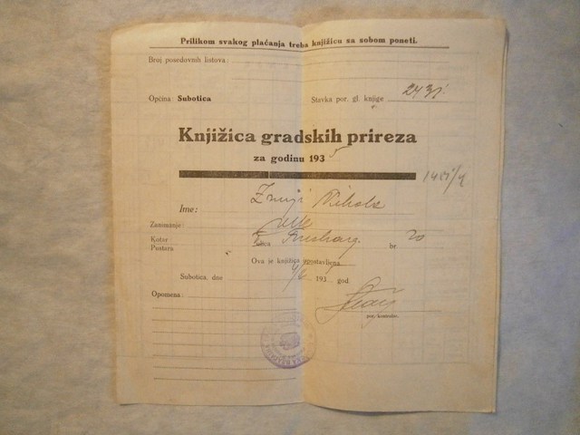 SUBOTICA-KNJIŽICA GRADSKIH PRIREZA 1935.
