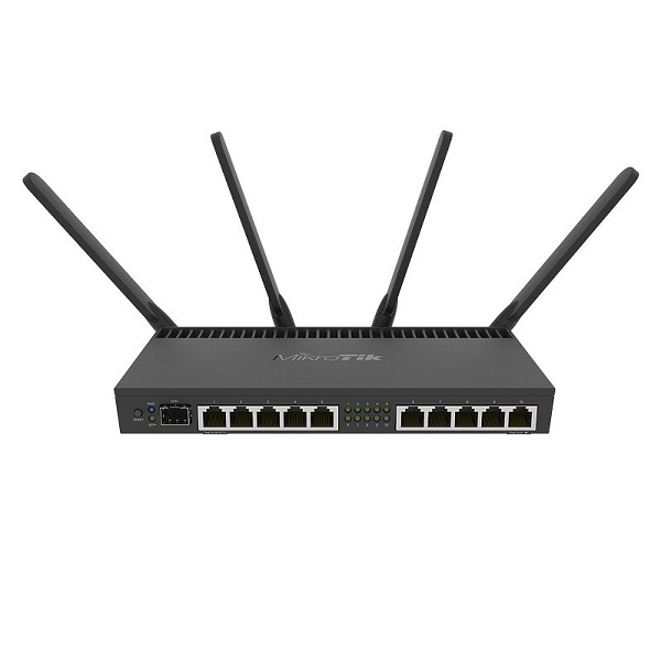 MikroTik RB4011iGS+5HacQ2HnD-IN WiFi AC2100 Extreme Power 10GbE tri band ruter 2.4GHz @28dBm/630mW & 2x5GHz @33dBm/2000mW 802.11ac/a/b/g/n, 11 LAN/WAN port (10 Gigabit, 1 SFP+), VPN Ipsec hw, PoE ...