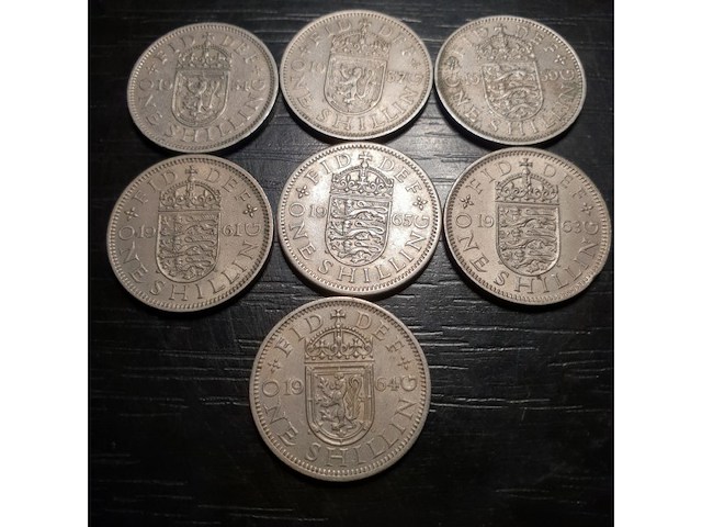 7x 1 Shilling 1954-1964 god.