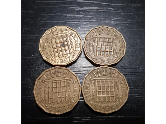 4x 3 Pence 1954-1967 god.