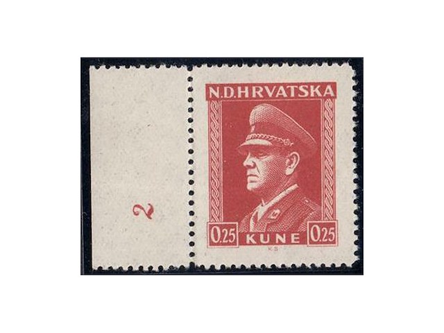 NDH 1943 - PAVELIĆ 0.25 KUNA SA BROJEM PLOČE 2