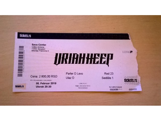 Ulaznica URIAH HEEP 05.02.2019.