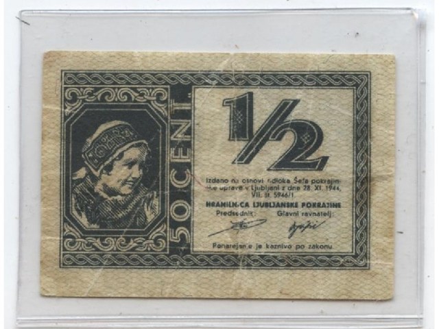 ** OKUPACIJA SLOVENIJE - 1/2 LIRE 1944. **- LAJBAH