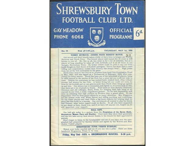 fudbalski program shrewsbury tovn fudbalski klub 1959