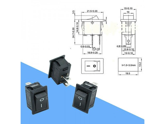 PREKIDAČ 13X19MM 6A 250VAC CRNI