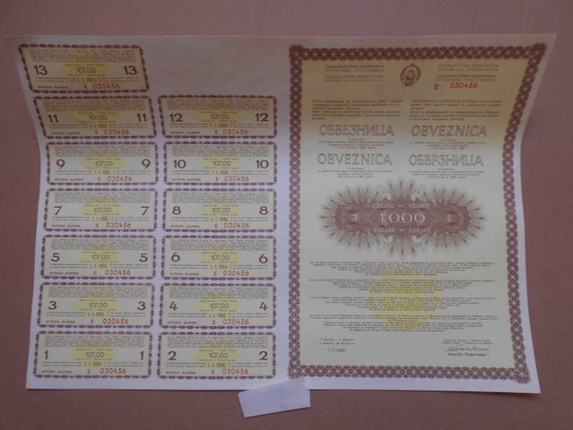 Obveznica SFRJ 1986. zajam za Kosovo, 1000 din