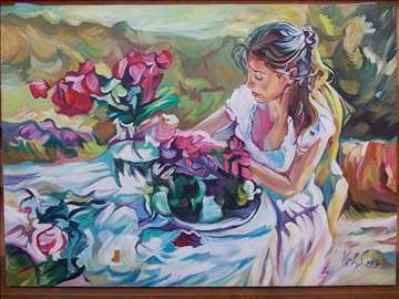 "Dama i cveće" slika, ulje na platnu