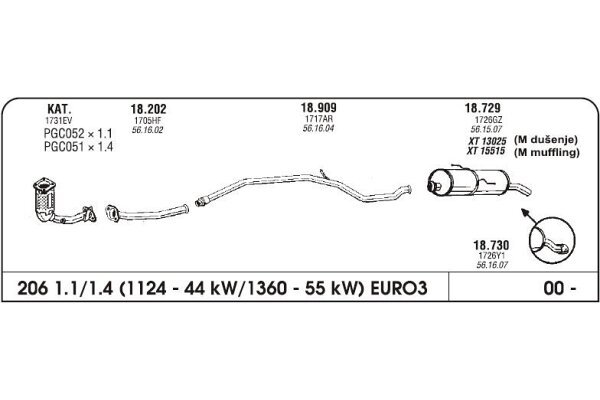 Izduvni lonac Peugeot 206 1.11.4/1.6 01- (srednja cev kratka)