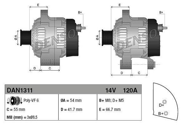 Alternator Fiat Doblo 09-, 120 A, 54 mm