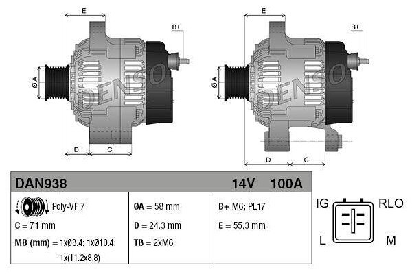 Alternator Ford Focus, C-max, 100 A, 58 mm