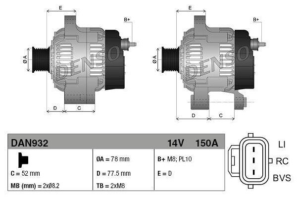 Alternator Ford Focus, C-max, 150 A, 78 mm