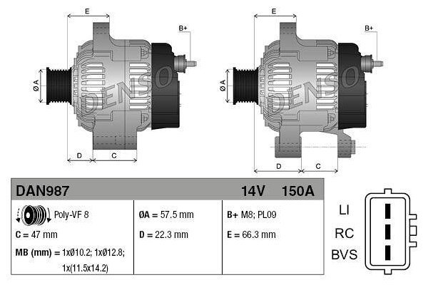 Alternator Land Rover Range Rover Sport 05-13, 150 A, 57,5 mm
