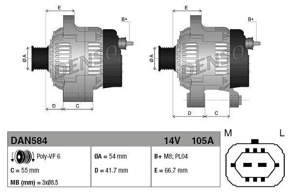 Alternator Opel Corsa, Meriva, 105 A, 54 mm