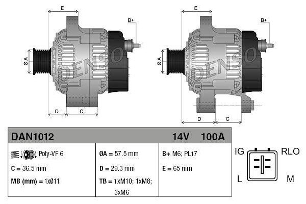 Alternator Toyota Auris, Yaris, Urban Cruiser, 100 A, 57,5 mm