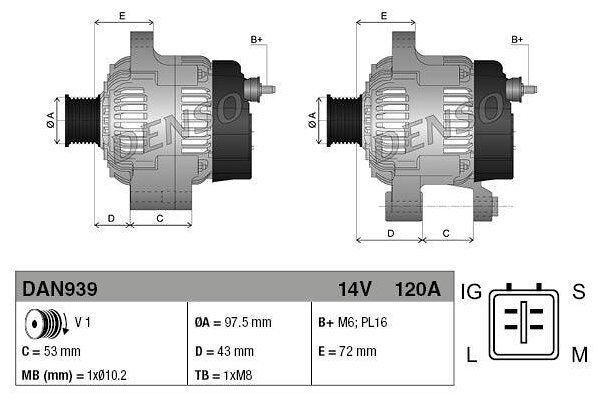 Alternator Toyota Avensis, Corolla, 120 A, 97,5 mm