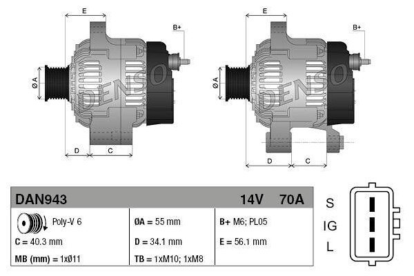 Alternator Toyota Corolla 00-07, 70 A, 55 mm