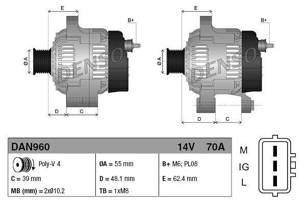 Alternator Toyota Yaris 99-05, 70 A, 55 mm