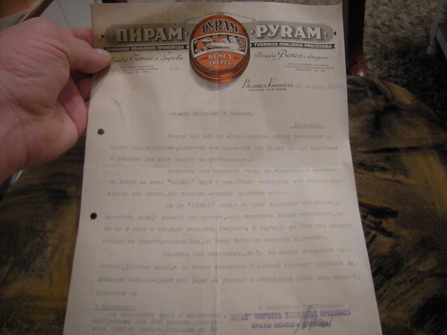 Pismo iz firme `Piram`, braća Beneš i drugovi 1928 god.
