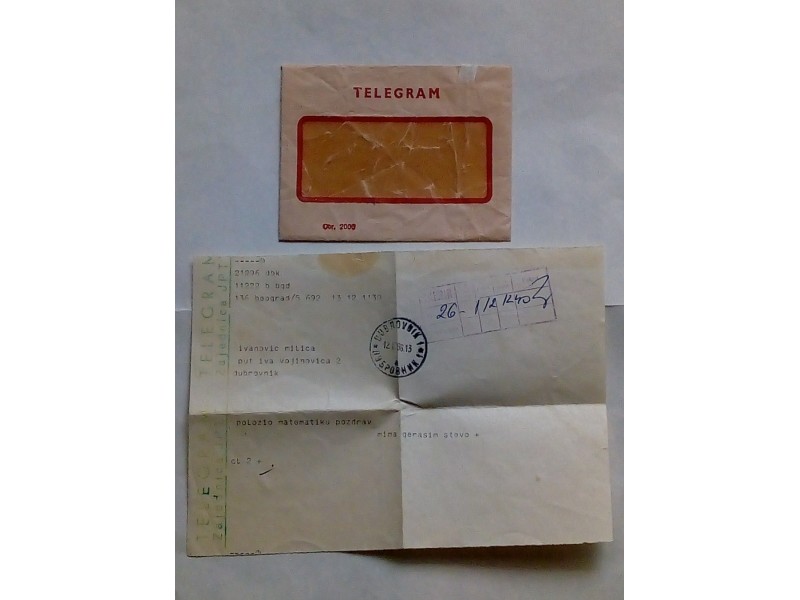 Telegram sa kovertom iz 1966 ili 1968.godine