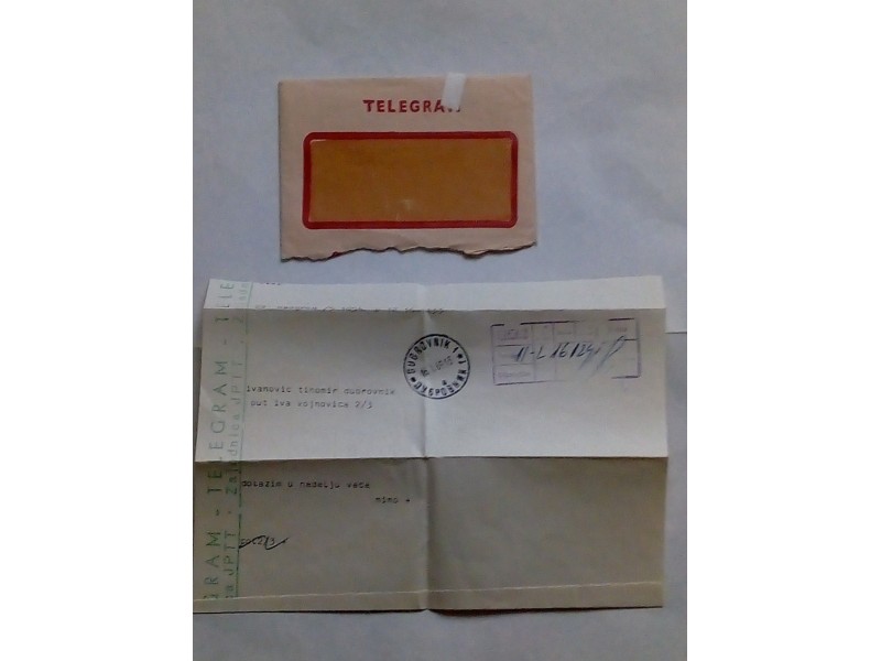 Telegram sa kovertom iz 1965.godine