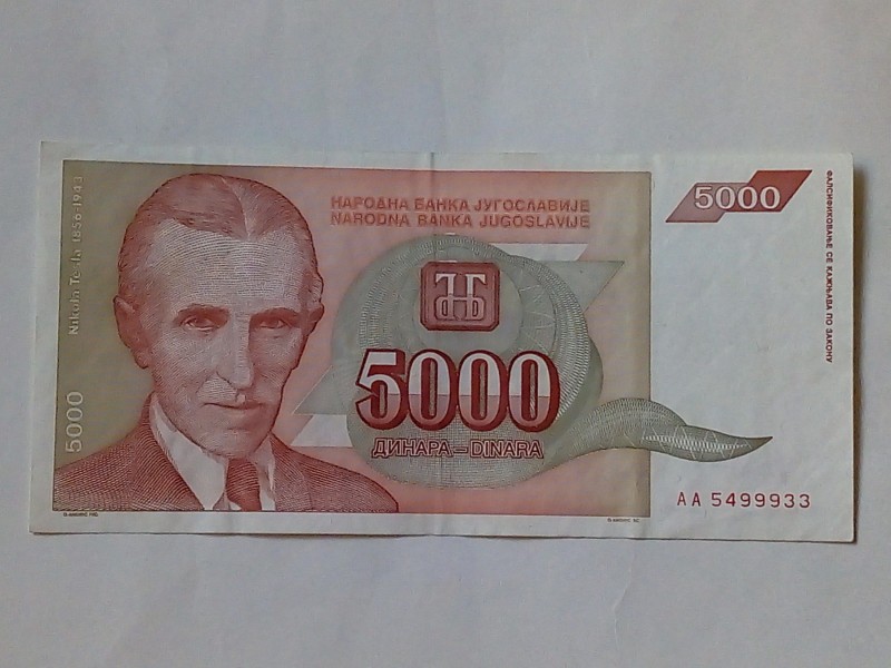 5000 Dinara 1993.godine --- SRJ --- Nikola Tesla ---