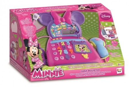 Mehanička blagajna s likom Minnie. U pakovanju dolaze kovanice, novčanice i kreditne kartice. Rotirajuća drška s originalnim zvukom i prika