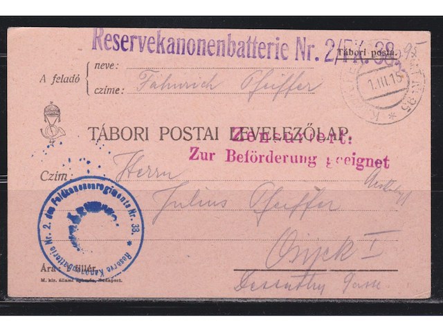 Austrougarska 1915  Feldpost dopisnica za Osijek