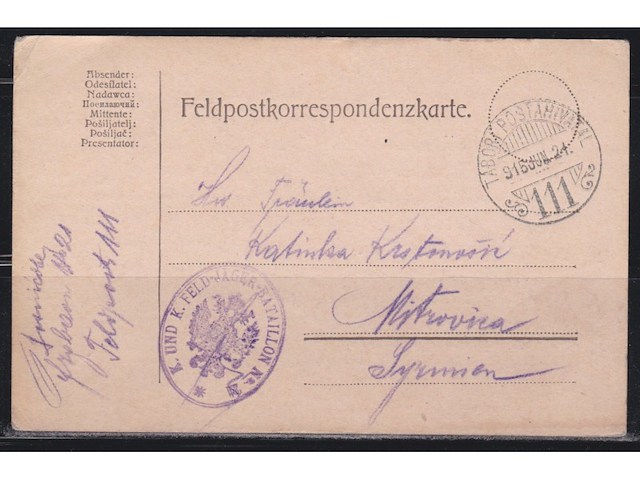 Austrougarska 1915 Kuk Feldpost dopisnica za Mitrovicu