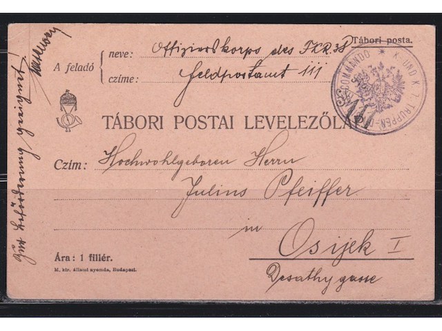Austrougarska 1915 Kuk Feldpost dopisnica za Osijek