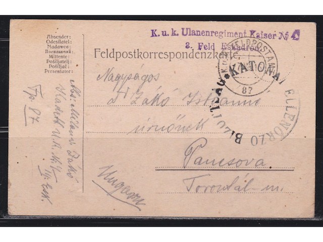 Austrougarska 1915 Kuk Feldpost dopisnica za Pancevo