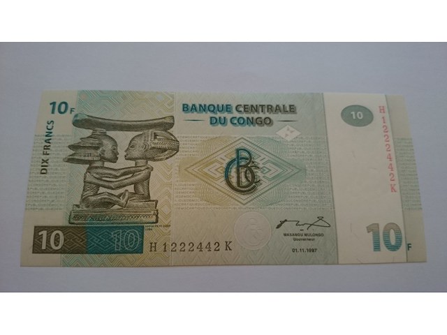 DR Congo 10 Francs 1997. (P-87B) [UNC]
