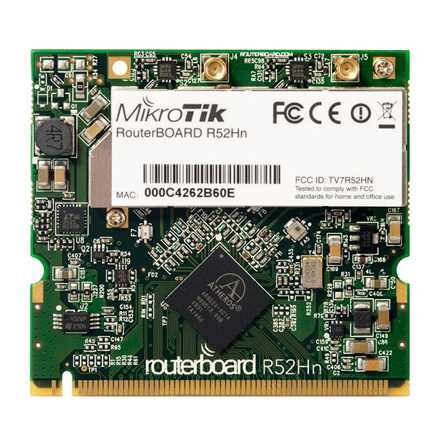 Mikrotik R52HnD miniPCI high power 400mW (26dBm) card 2.4 & 5GHz dual band WiFi 300Mb/s 802.11a/g/n, Atheros AR9220 chip, temp. -40C-70C, MIMO dual 2 x MMCX connector, ESD protection ±15kV